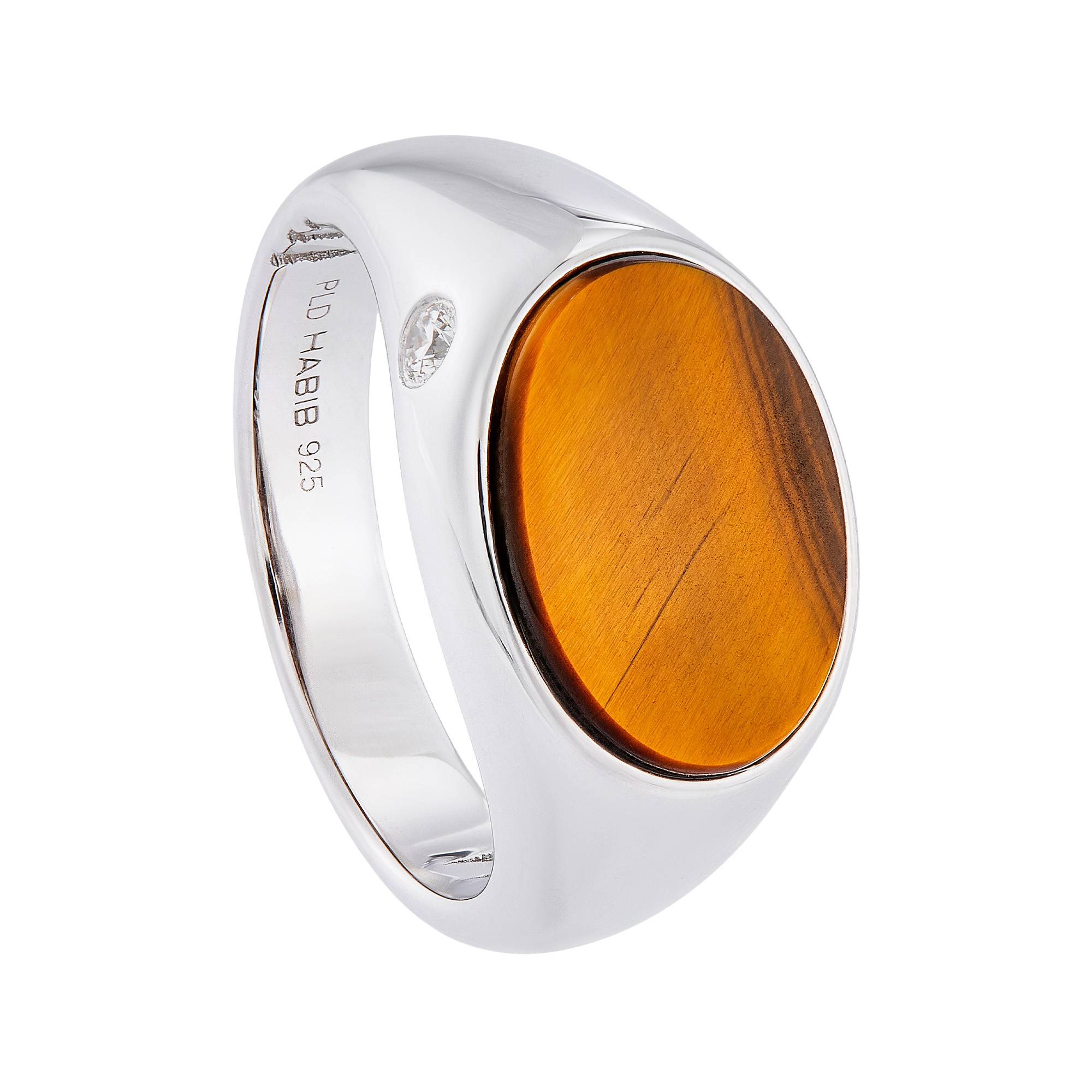 Oval Tiger's Eye and Diamond Men's Ring in 925 Silver Palladium 119730424(PLD)-TIGE