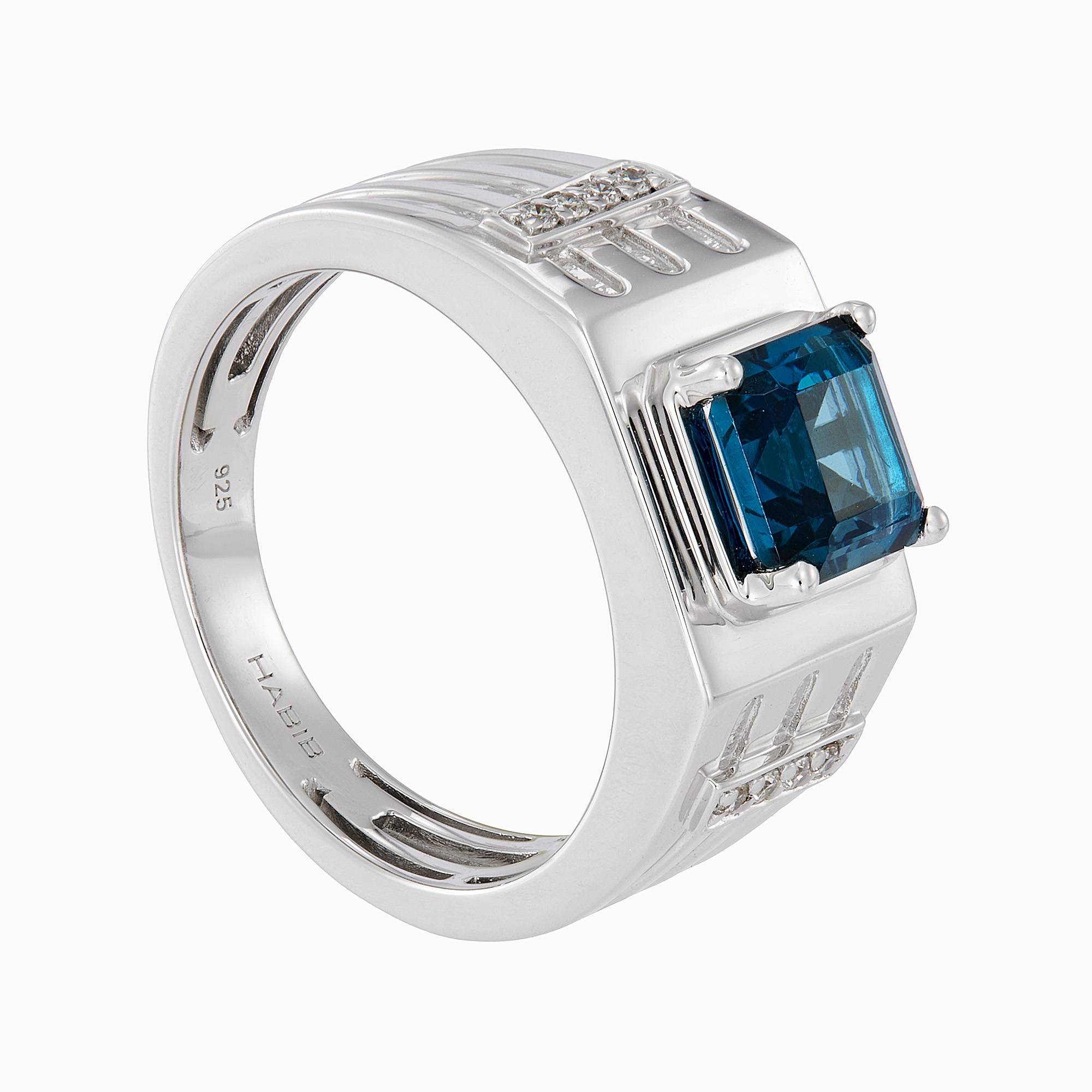 Emerald Sky Blue Topaz and Diamond Men's Ring in 925 Silver Palladium ...