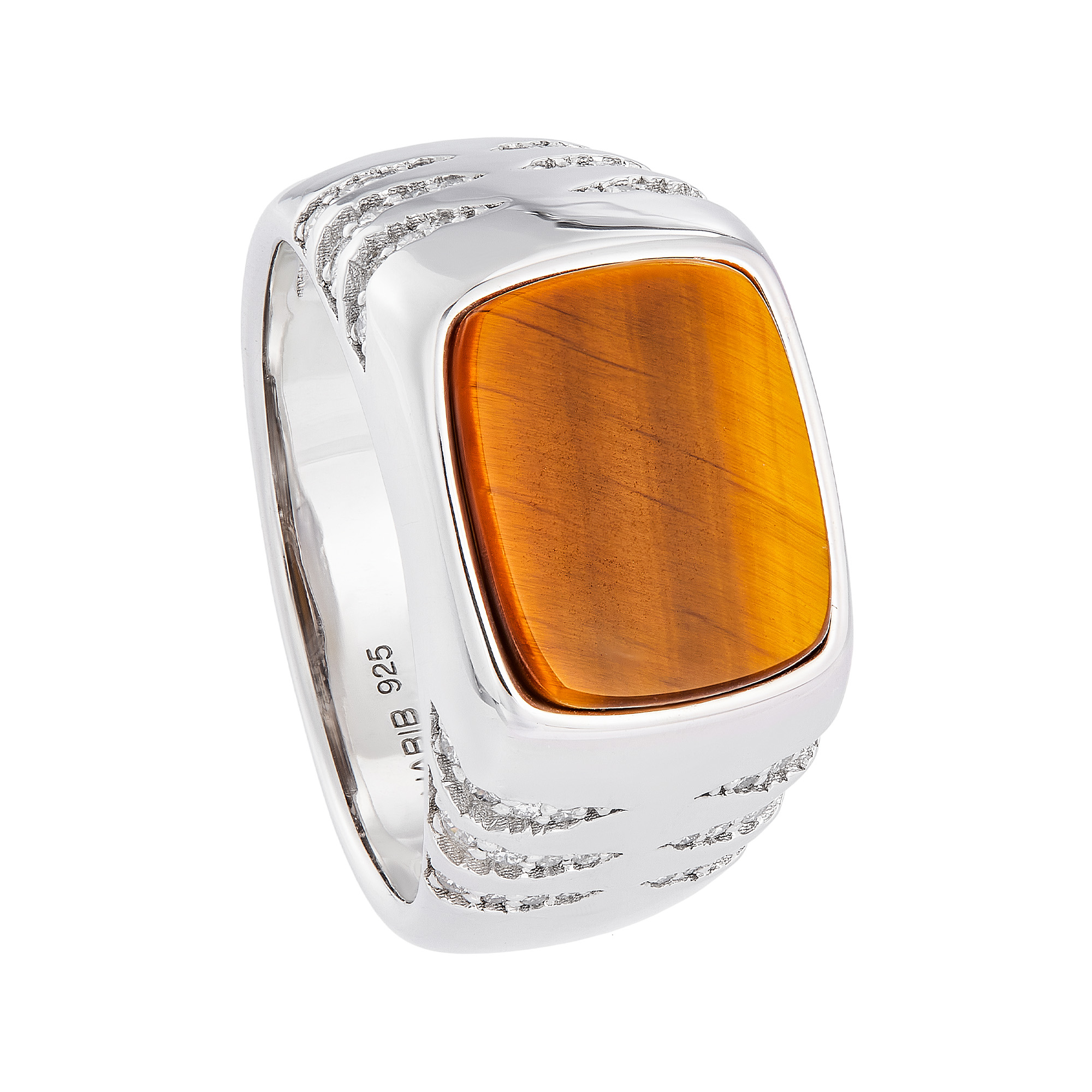 Square Tiger's Eye and Diamond Men's Ring in 925 Silver Palladium ...
